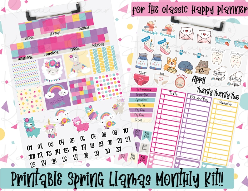 Printable Spring Llamas Monthly Kit for Classic Happy Planner - Etsy
