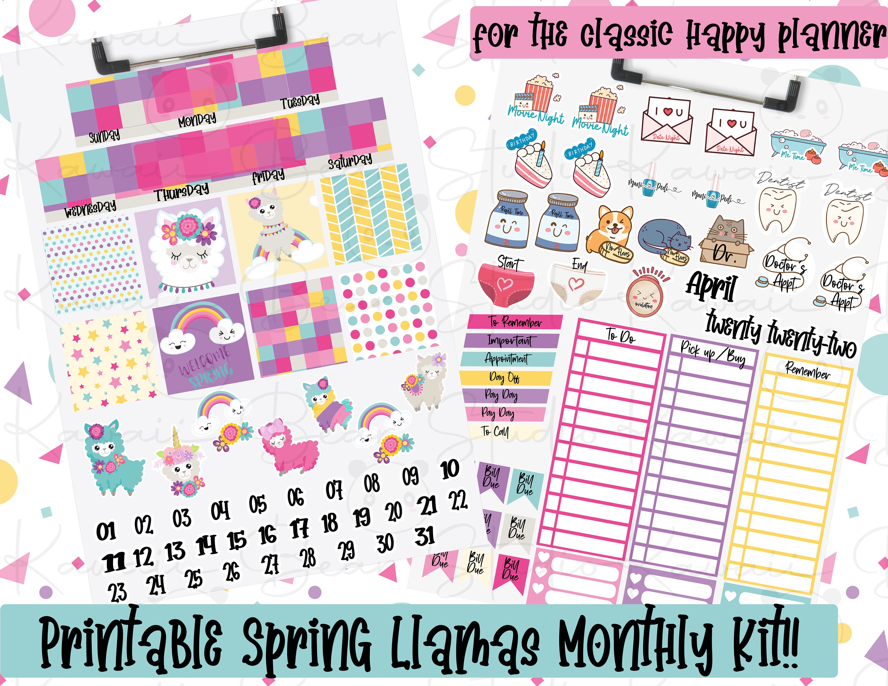 Printable Spring Llamas Monthly Kit for Classic Happy Planner - Etsy