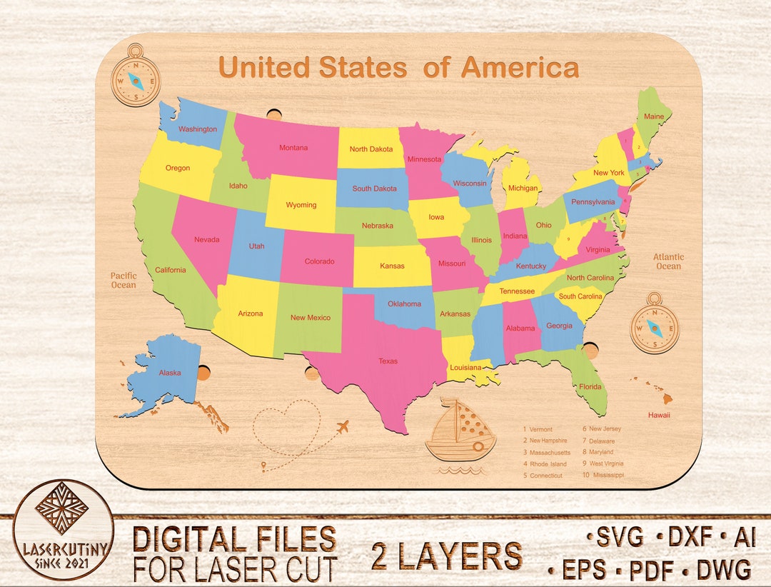 United States of America Map Puzzle Laser Cut File,svg,dxf,kids Laser ...