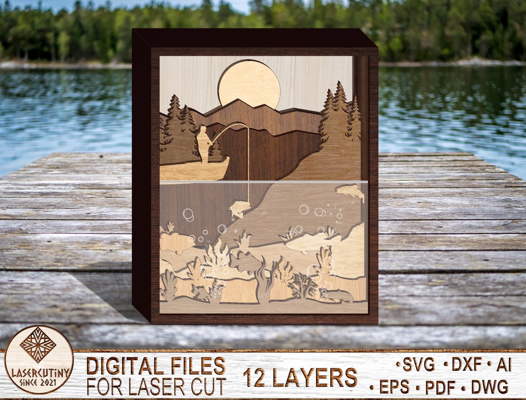 11 Layered Fishing Landscape Art Decor,fishing Art Piece,glowforge ...
