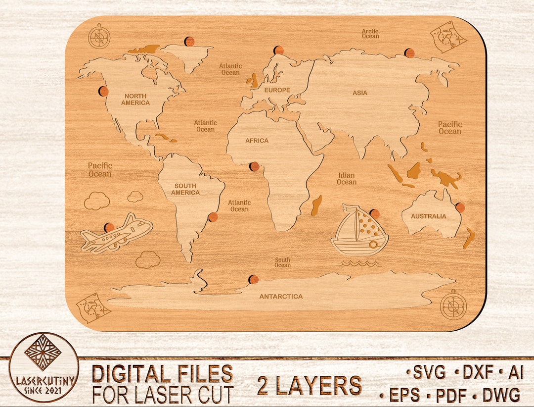 World Map Puzzle Laser Cut File, Svg, Dxf ,kids Laser Svg Design ...