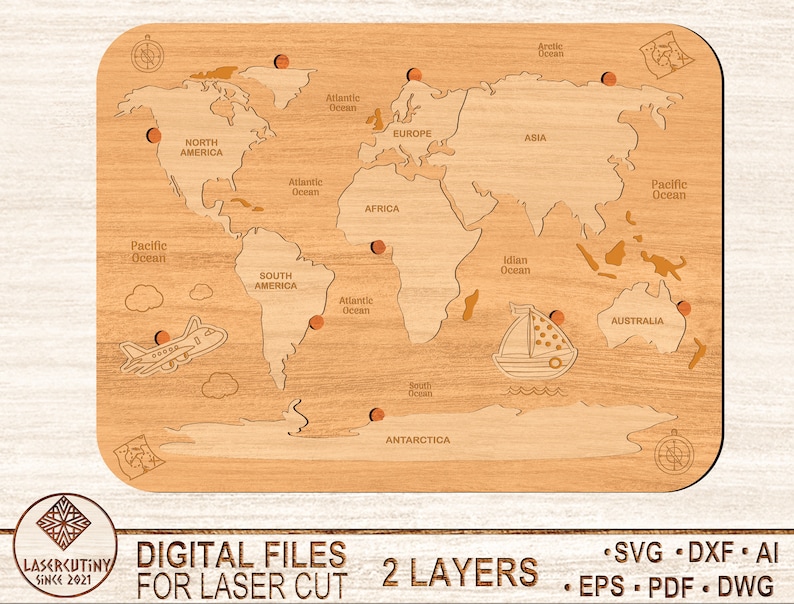 World Map Puzzle Laser Cut File, Svg, Dxf ,kids Laser Svg Design ...