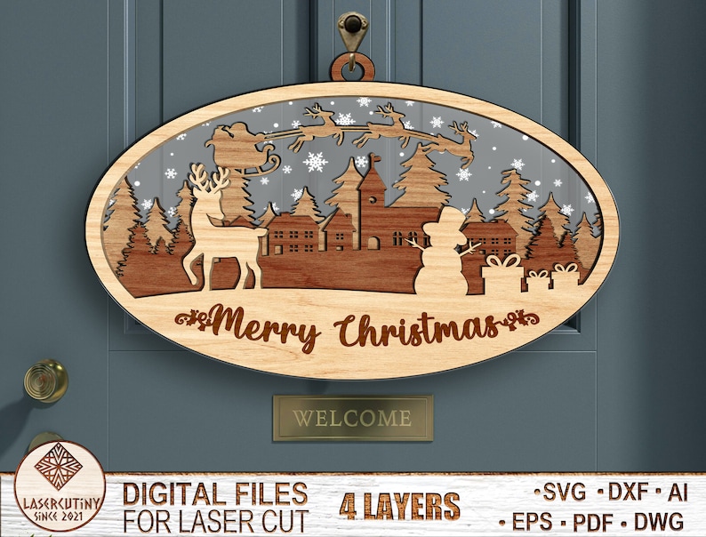 Multilayer Door Sign Christmas Scene - Glowforge SVG Files - Christmas ...