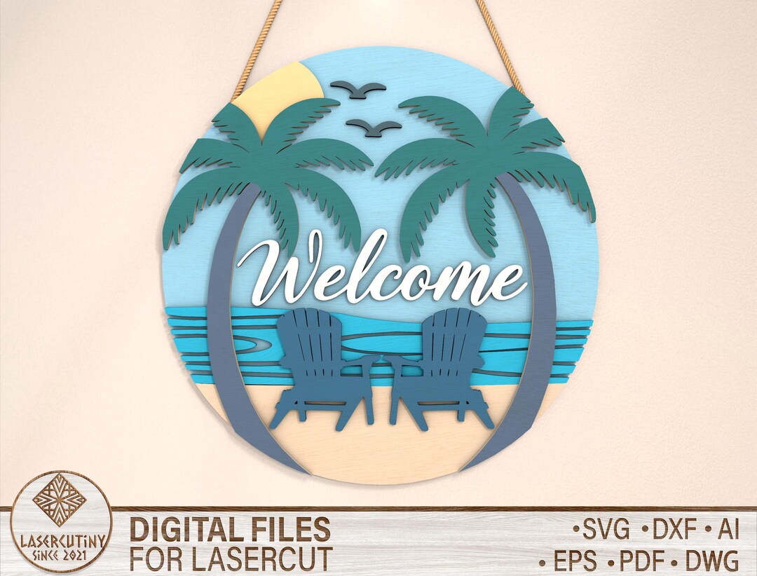 Welcome Signdoor Hanger SVG, Coconut Tree Laser Cut File, Laser Flowers ...