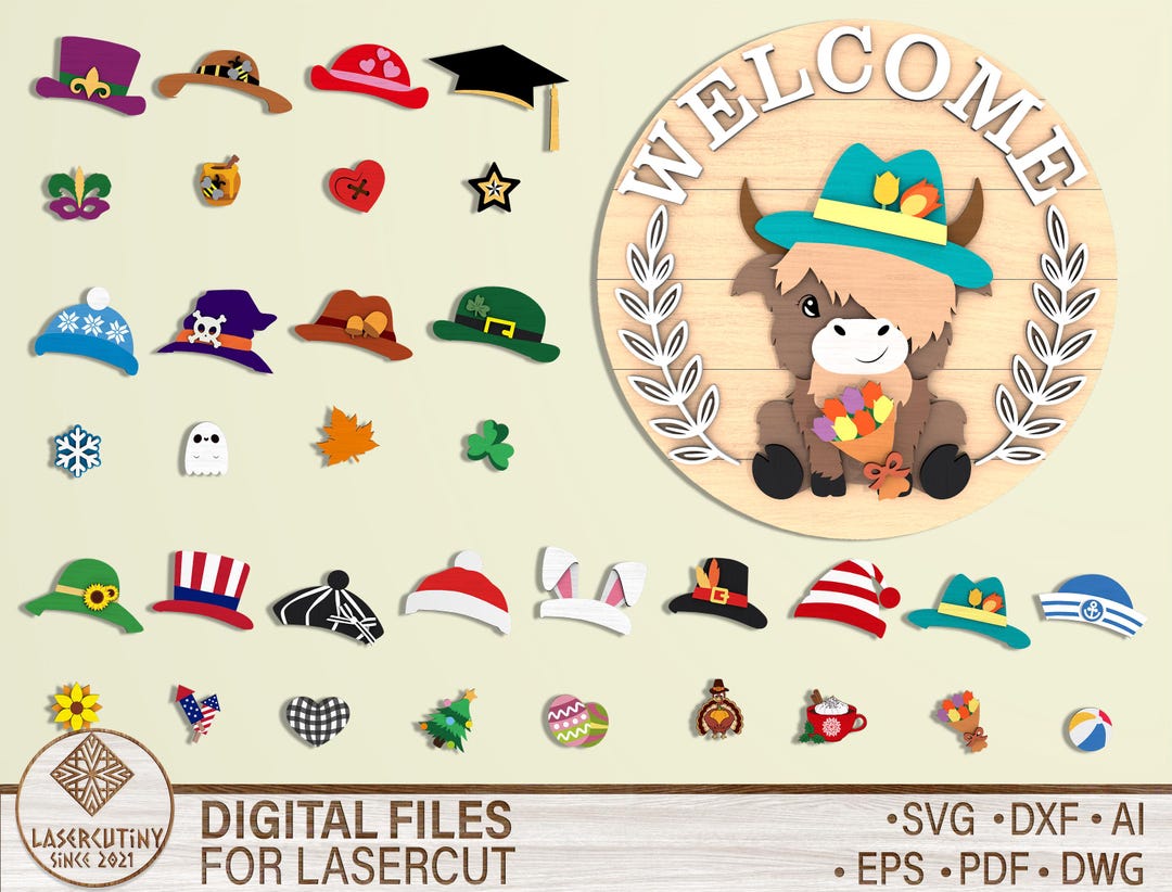 Interchangeable Welcome Sign Laser Cut File, Seasonal Hat Set SVG, Cute ...