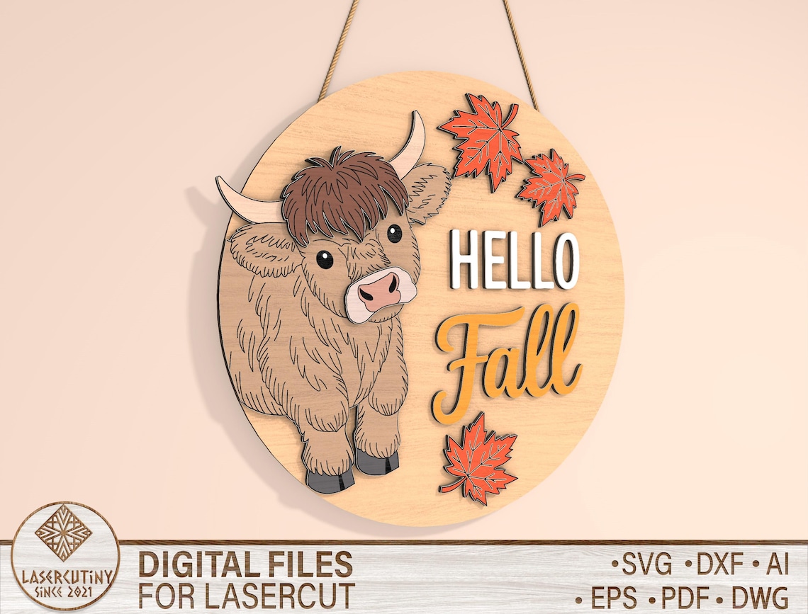 Hello Fall Highland Cow Sign SVG, Cute Autumn Door Hanger, Highland Cow ...