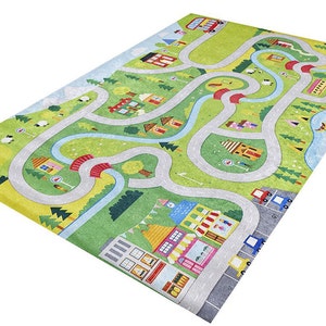 City Traffic Green Rug, Town Boy Girl Farm Road Map Play Kids Playing ...