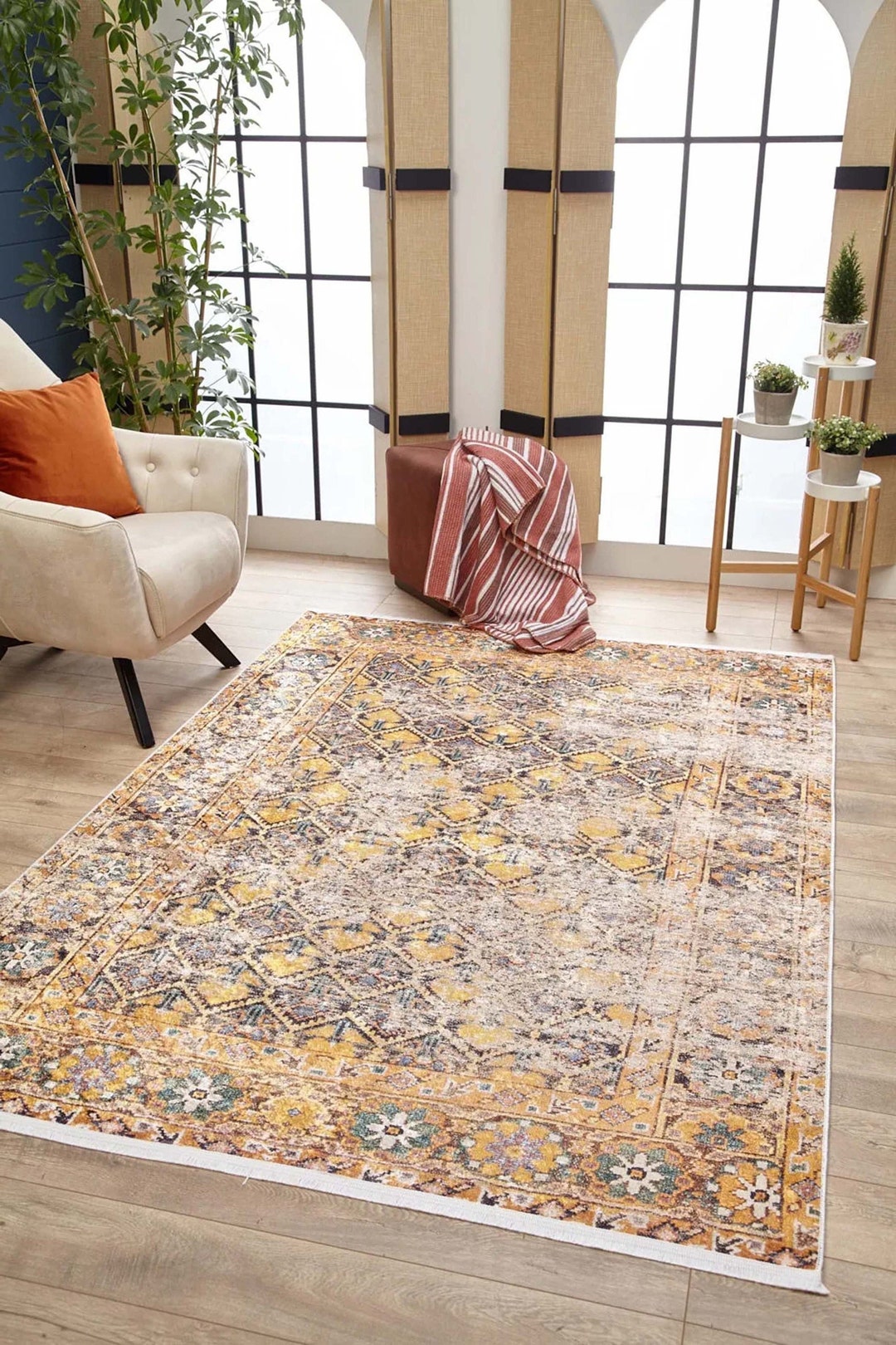 Yellow Turkish Rug, Distressed Vintage Geometric Floral Pastel 8x10 6x9 ...