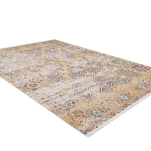 Yellow Turkish Rug, Distressed Vintage Geometric Floral Pastel 8x10 6x9 ...