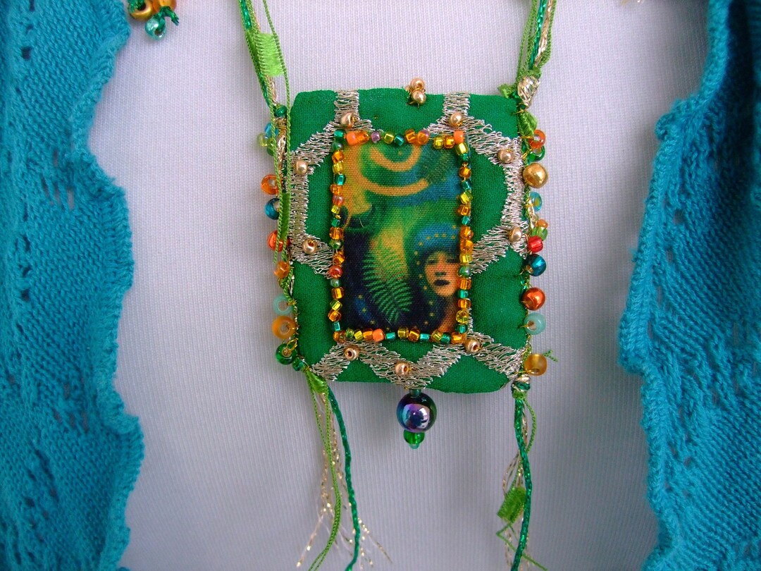 Fabric Medallion Necklace Amulet Bead Embroidery Handmade - Etsy