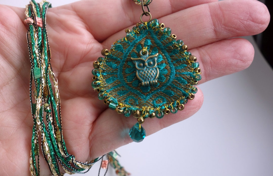 Buddha Amulet Owl Fabric Necklace Bead Embroidery - Etsy