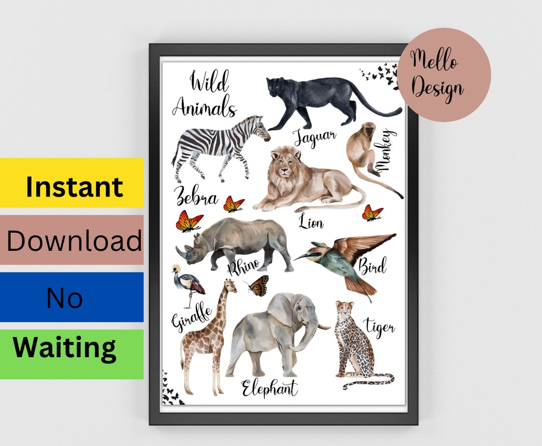 Safari Wild Animals Wall Art ,instant Download ,educational Wild Animal ...