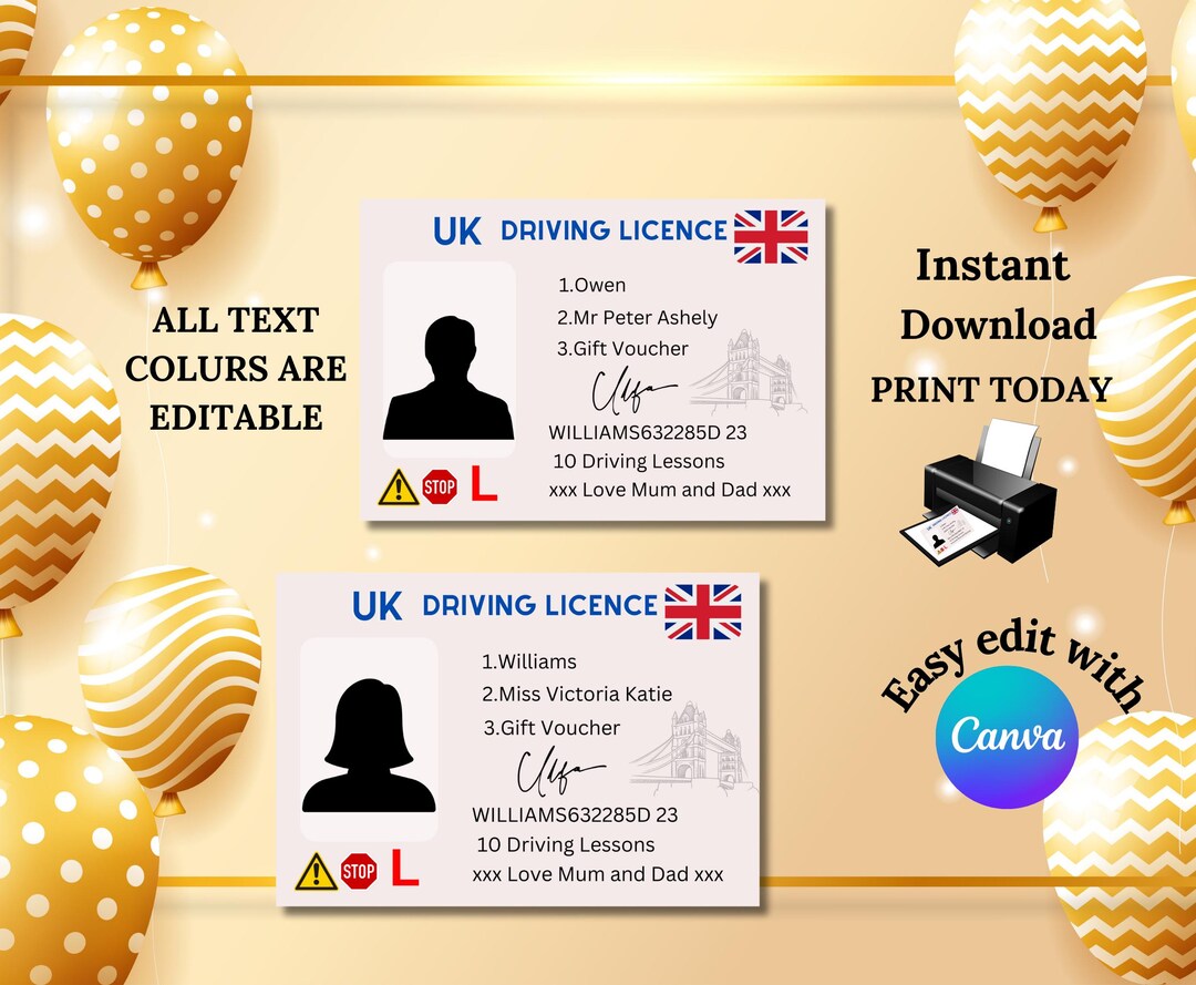 Editable Driving Lesson Gift Voucher, Personalized UK Driving License ...