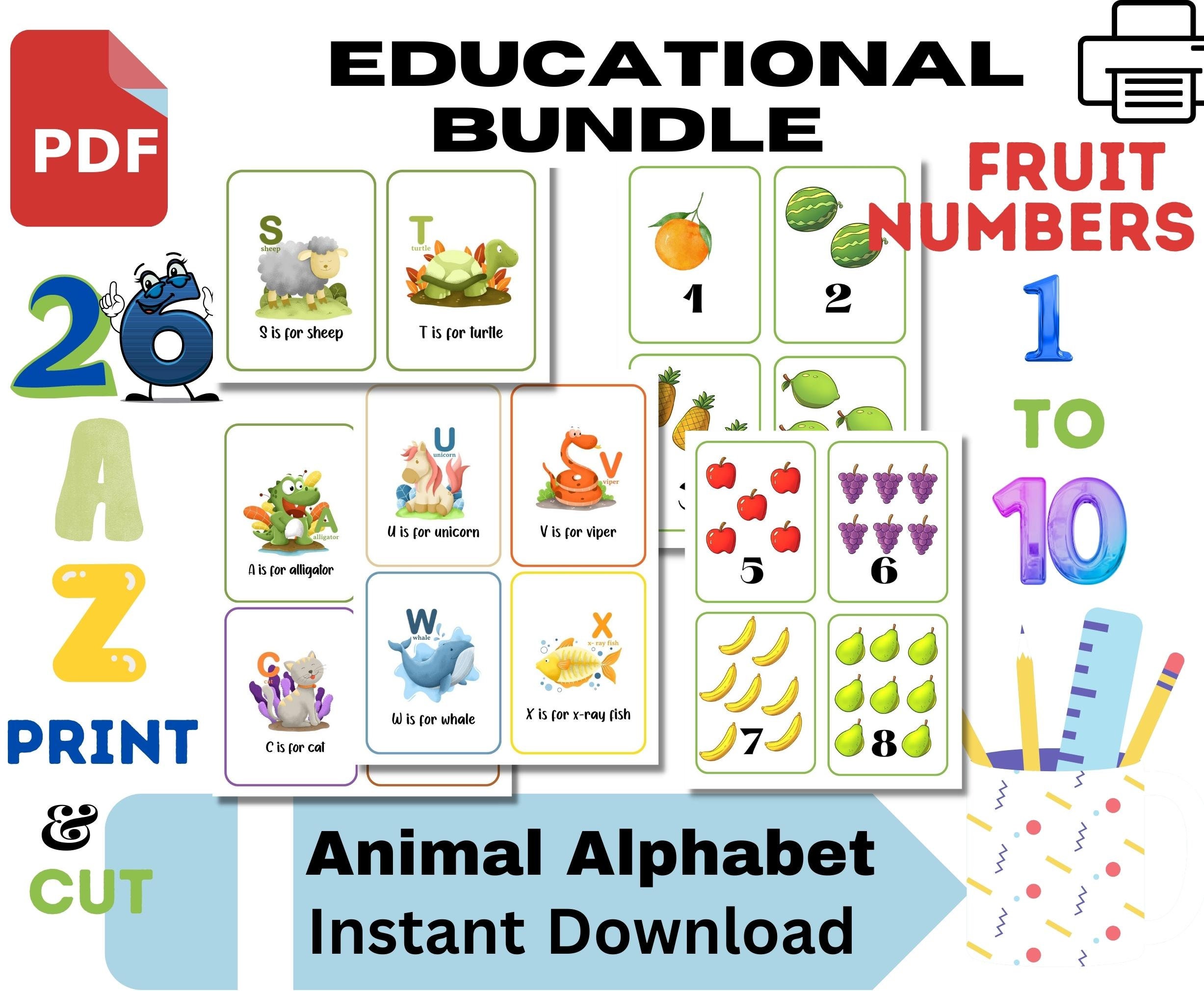 Educational A to Z Animal Alphabet Bundle ,fruit Numbers 1-10,preschool ...