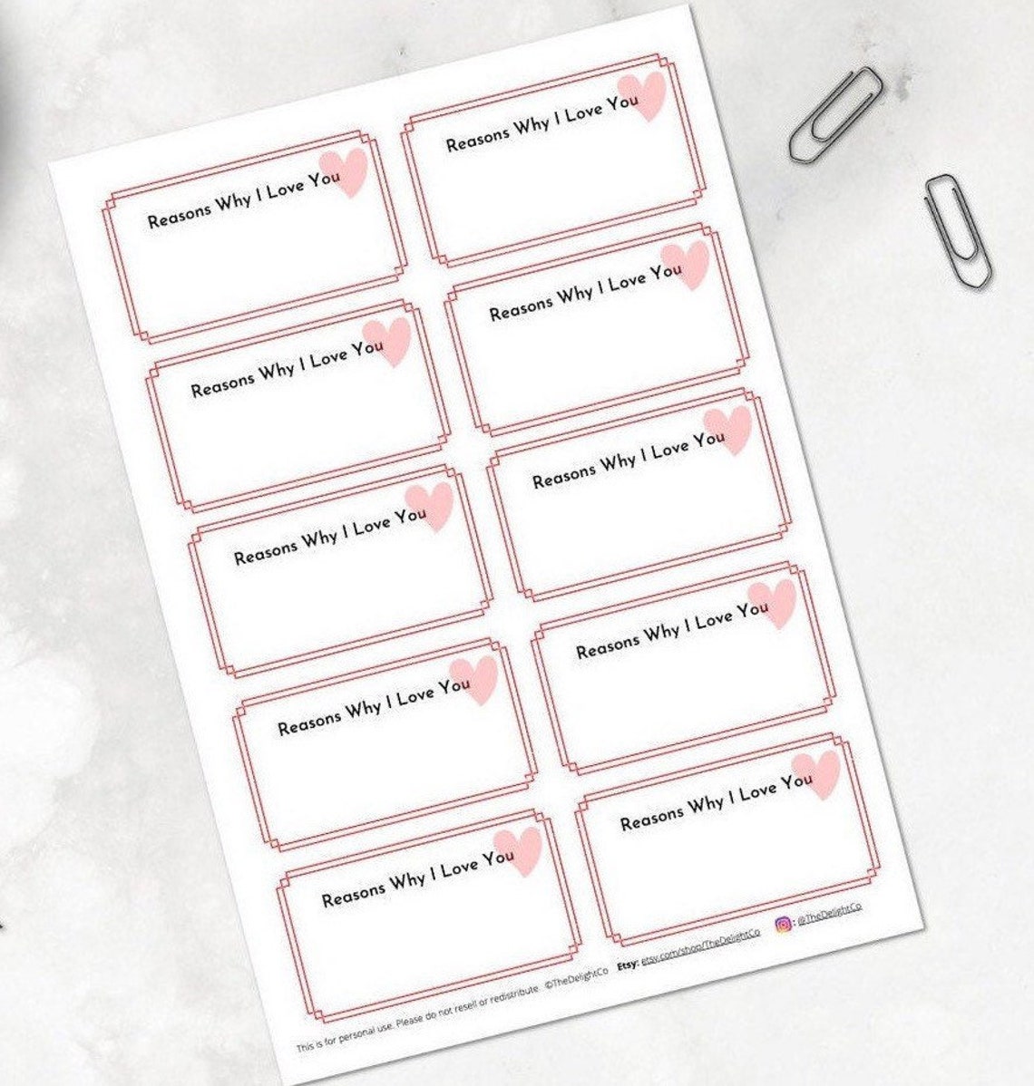 Printable Love Notes Template Reasons Why I Love You Digital Download ...