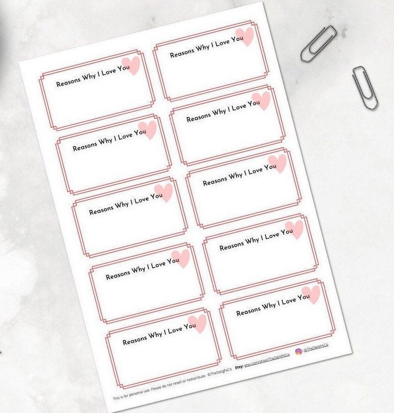 Printable Love Notes Template Reasons Why I Love You Digital Download ...
