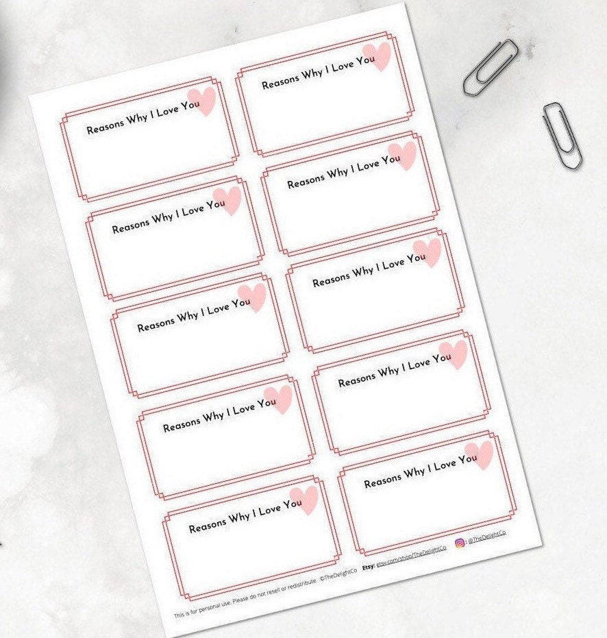 Printable Love Notes Template Reasons Why I Love You Digital Download ...