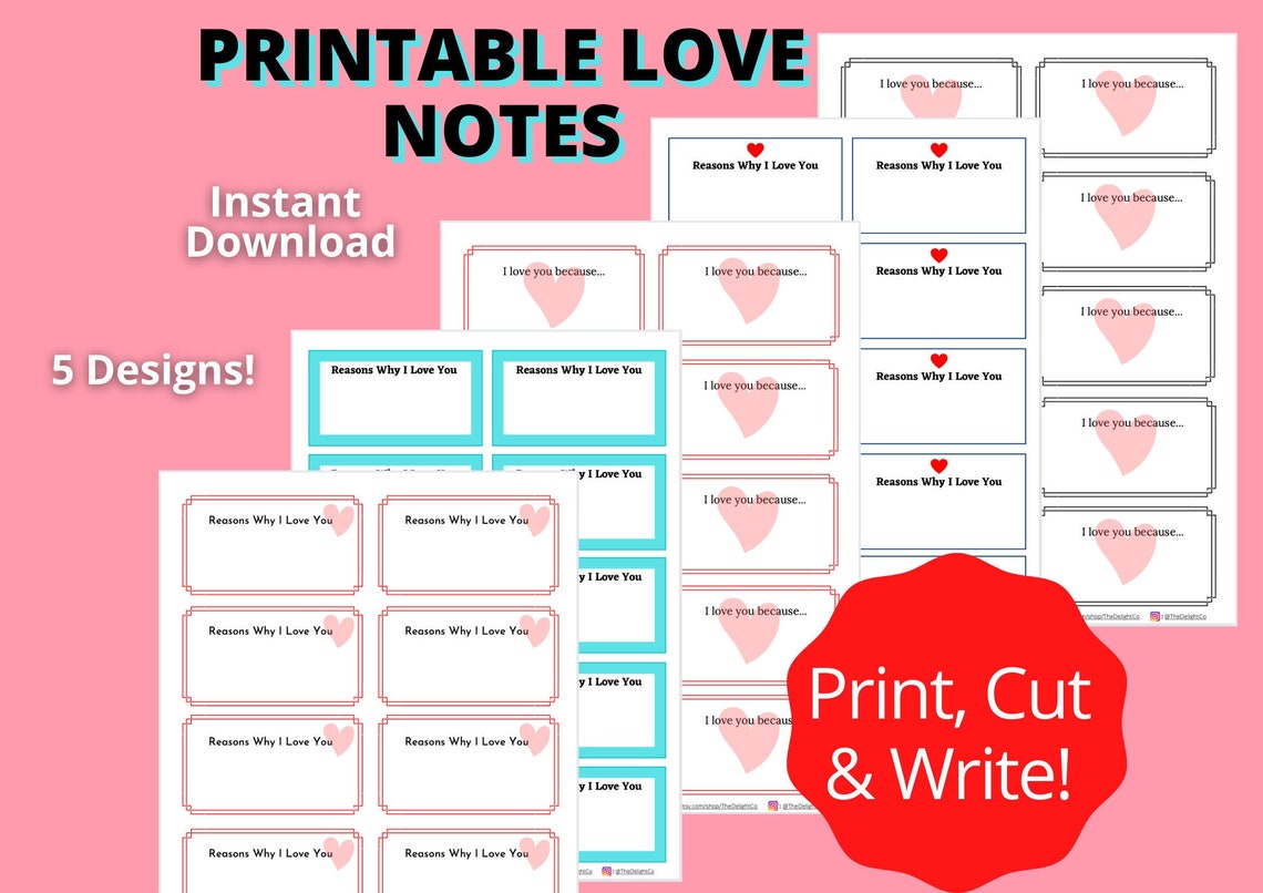 Printable Love Notes Template - Reasons Why I Love You - Digital ...