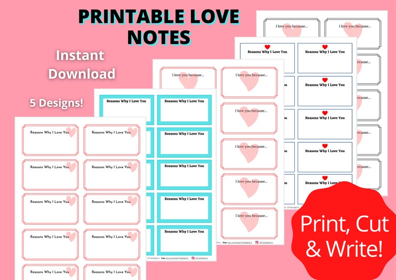 Printable Love Notes Template Reasons Why I Love You Digital Download ...