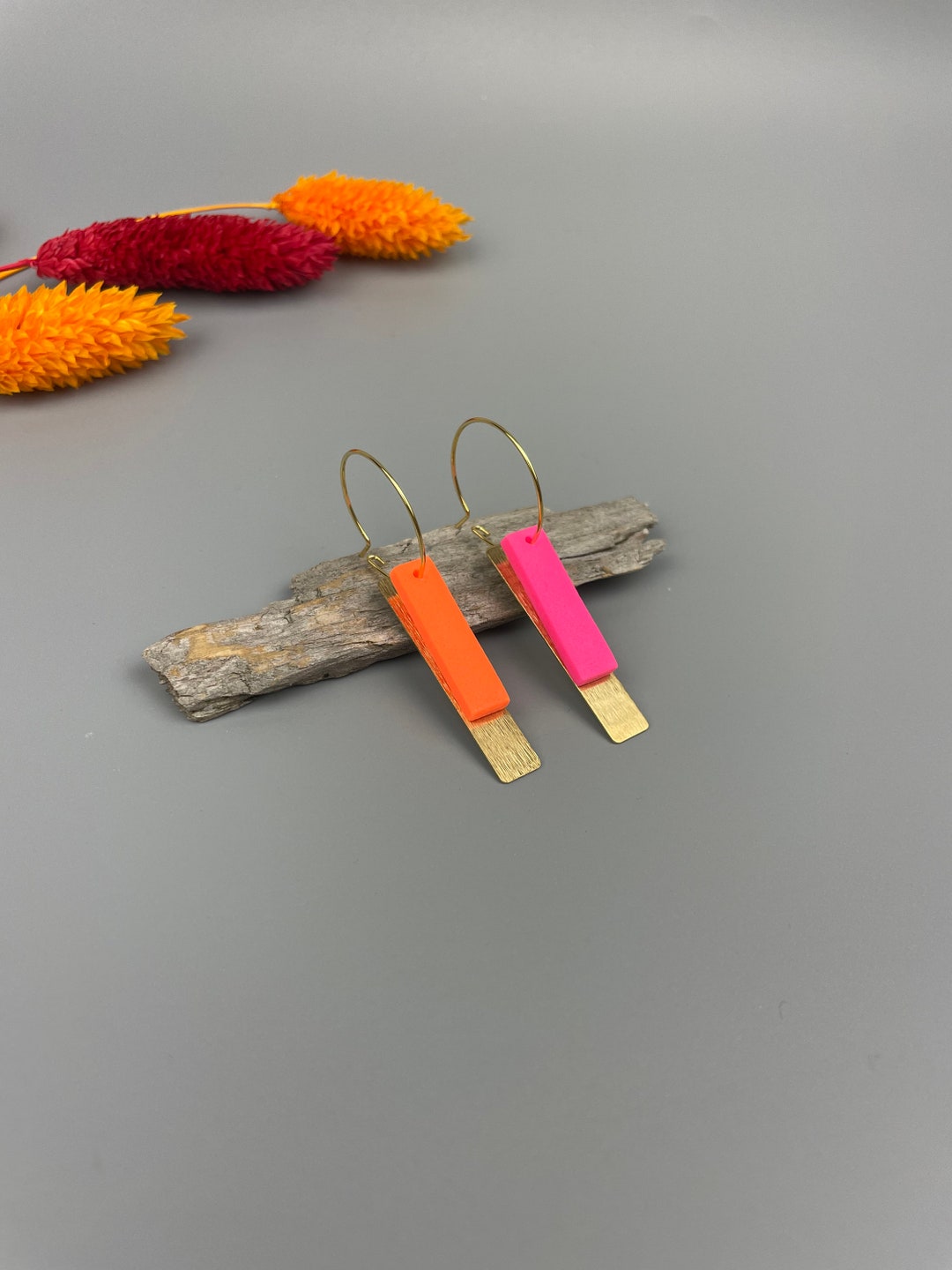 Hoop Earrings of Neon Orange and Neon Pink Polymer Clay, Birthday Gift ...