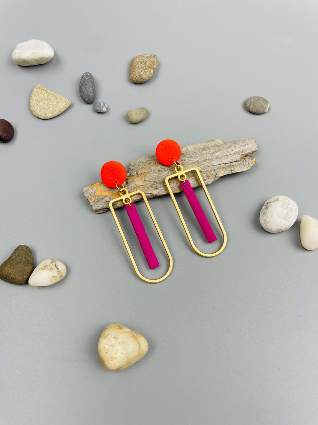 Statement Earrings Magenta Poppy Red Polymer Clay Matte Gold Geometric ...