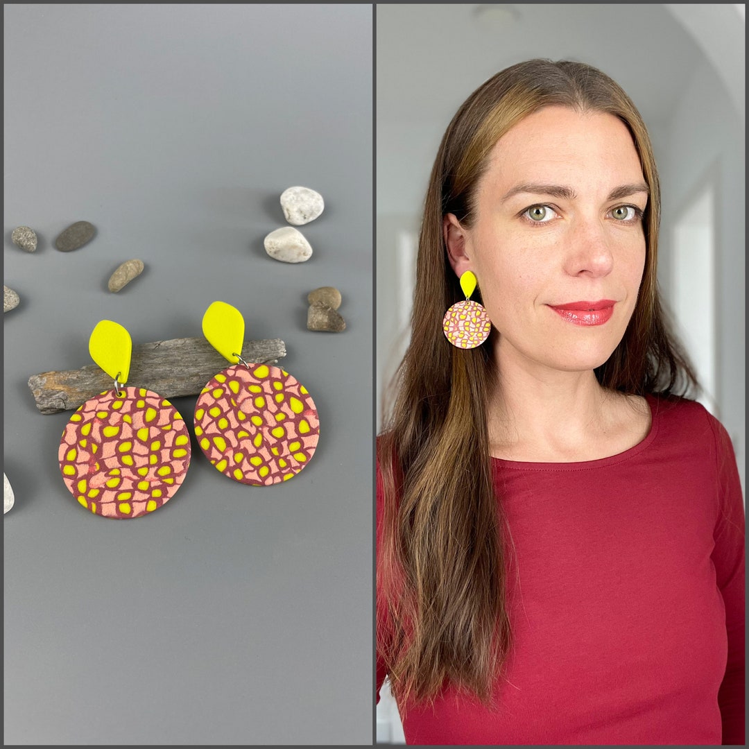 Big Statement Earrings of Citron Yellow and Pink Polymer Clay Pattern ...