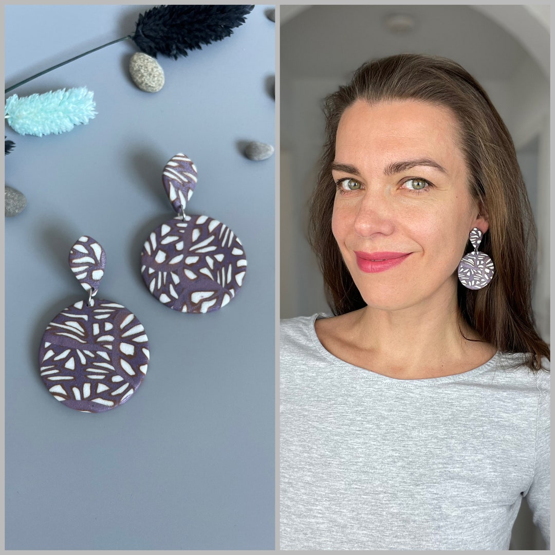 Big Statement Earrings of Brown Purple and White Polymer Clay Pattern ...