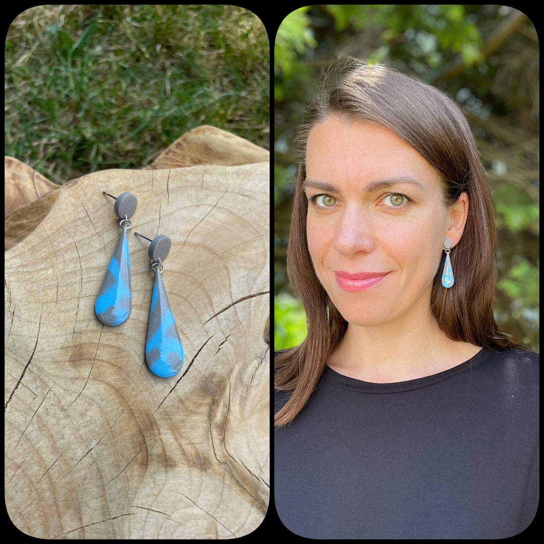 Teardrop Earrings of Light Blue and Brown Polymer Clay, Birthday Gift ...