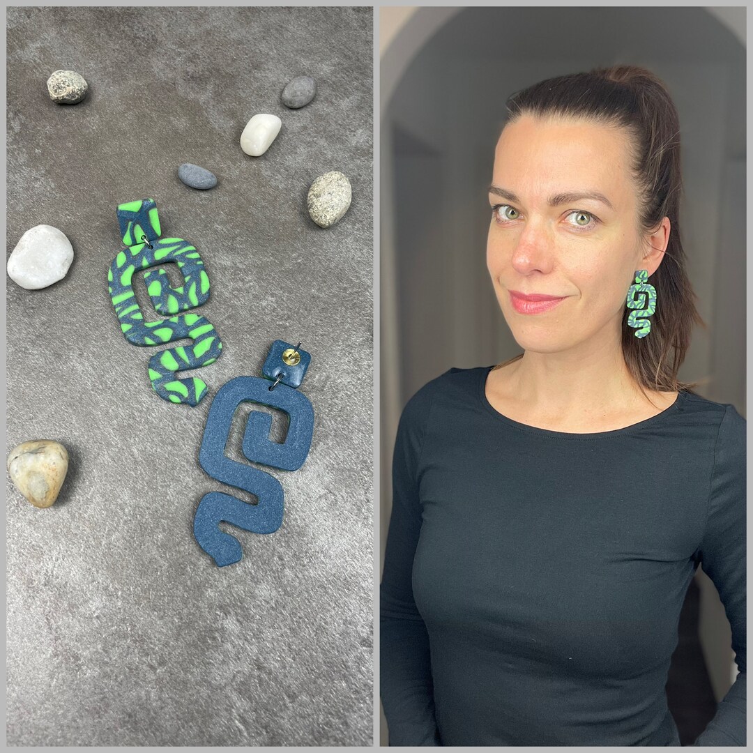 Statement Earrings of Neon Green and Grey-blue Abstract Pattern Polymer ...