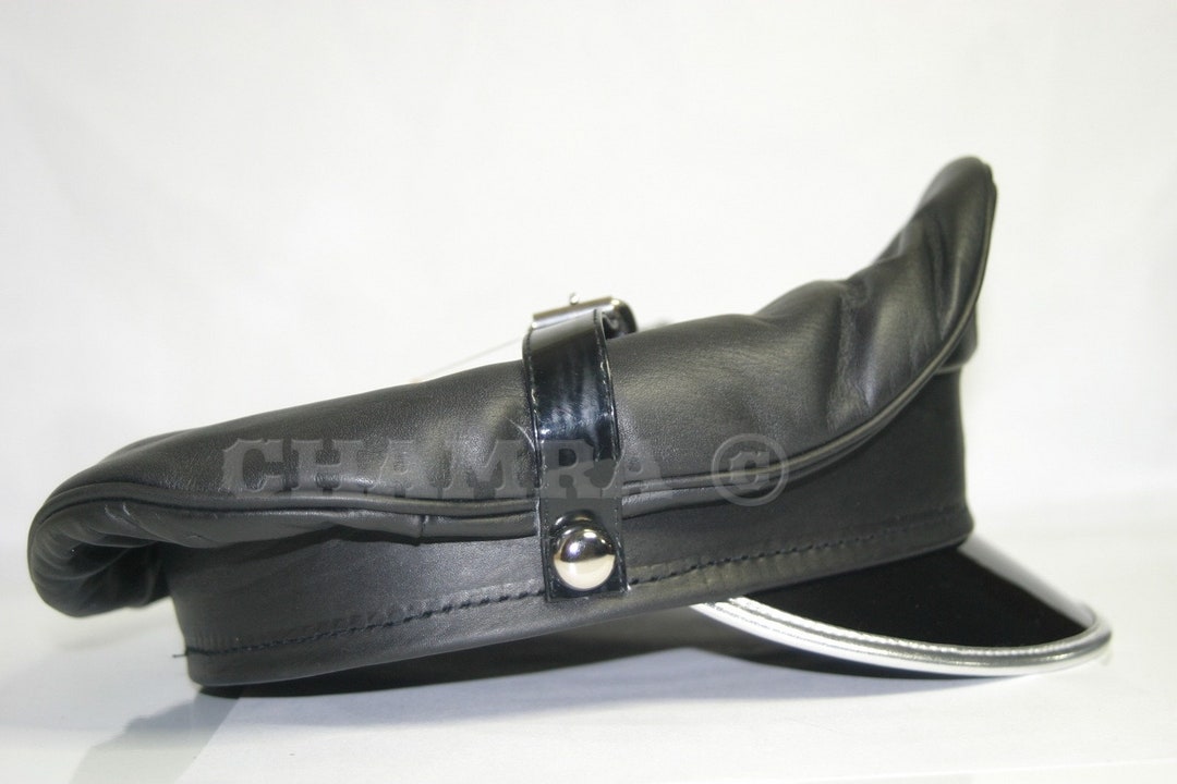 Black Genuine Leather Biker Silver Trim Peak Muir Cap - Etsy