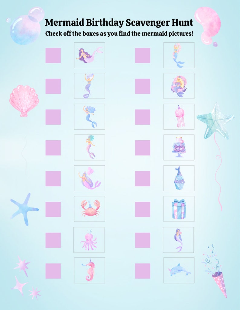 Mermaid Scavenger Hunt, Treasure Hunt, Birthday Game, Printable ...