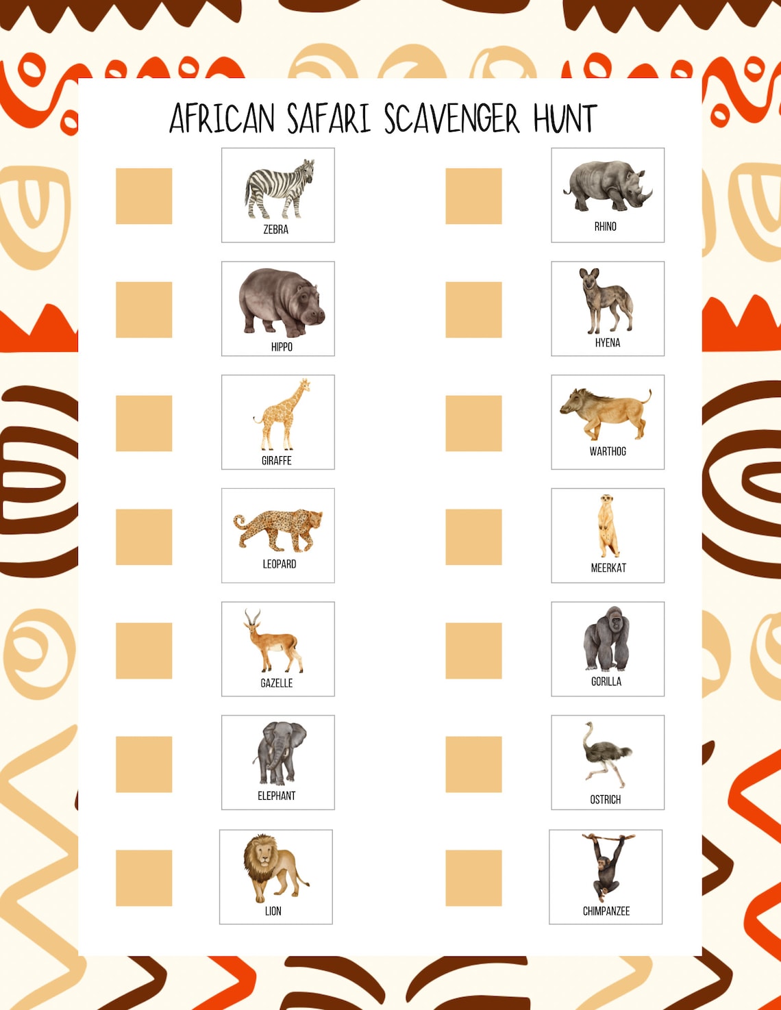 African Safari Scavenger Hunt, Birthday Game, Classroom Activity ...