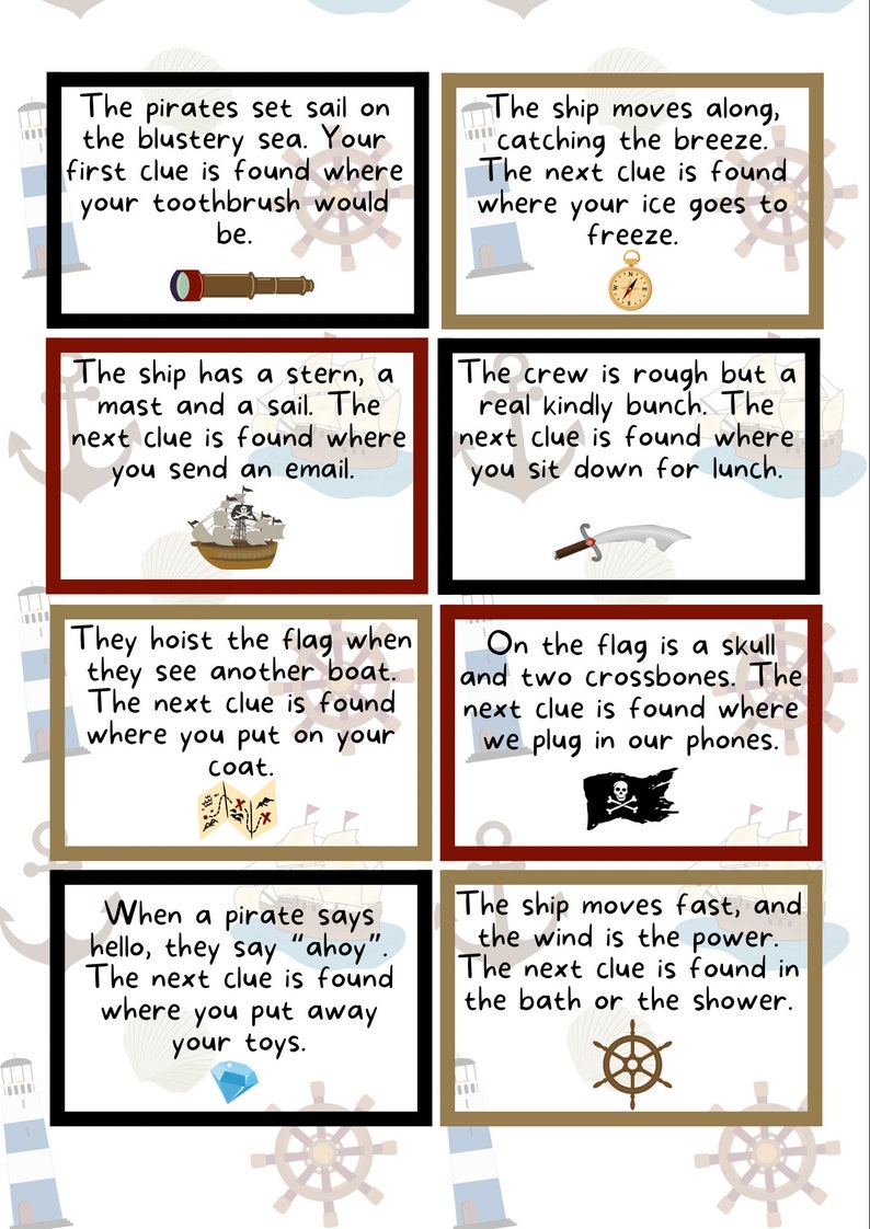 Pirate Treasure Hunt Cards Activities for Kids Scavenger - Etsy