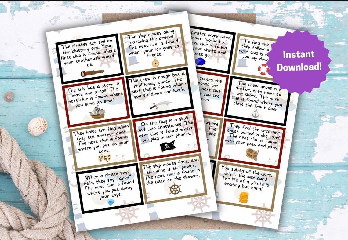 Pirate Treasure Hunt Cards, Activities for Kids, Scavenger Hunt ...