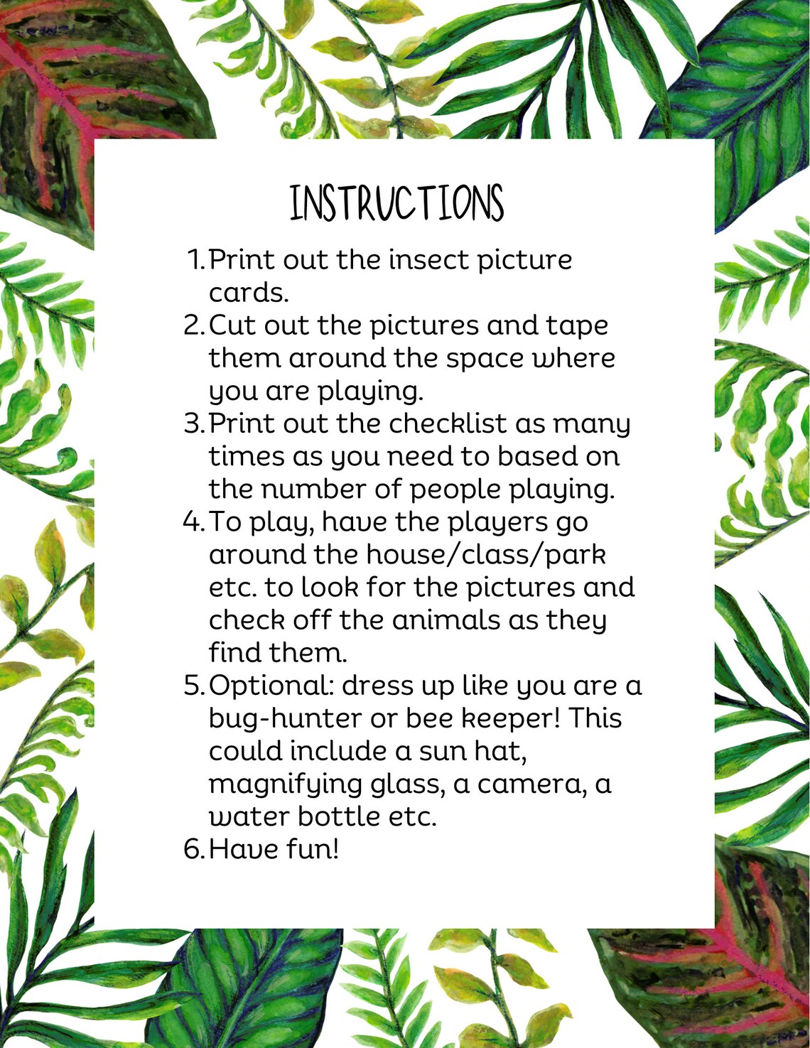 Insect Scavenger Hunt, Printable Game, Treasure Hunt, Digital Download ...