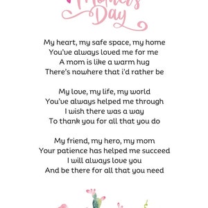 Printable Mothers Day Poem, Floral Greeting Card for Mom, Digital ...