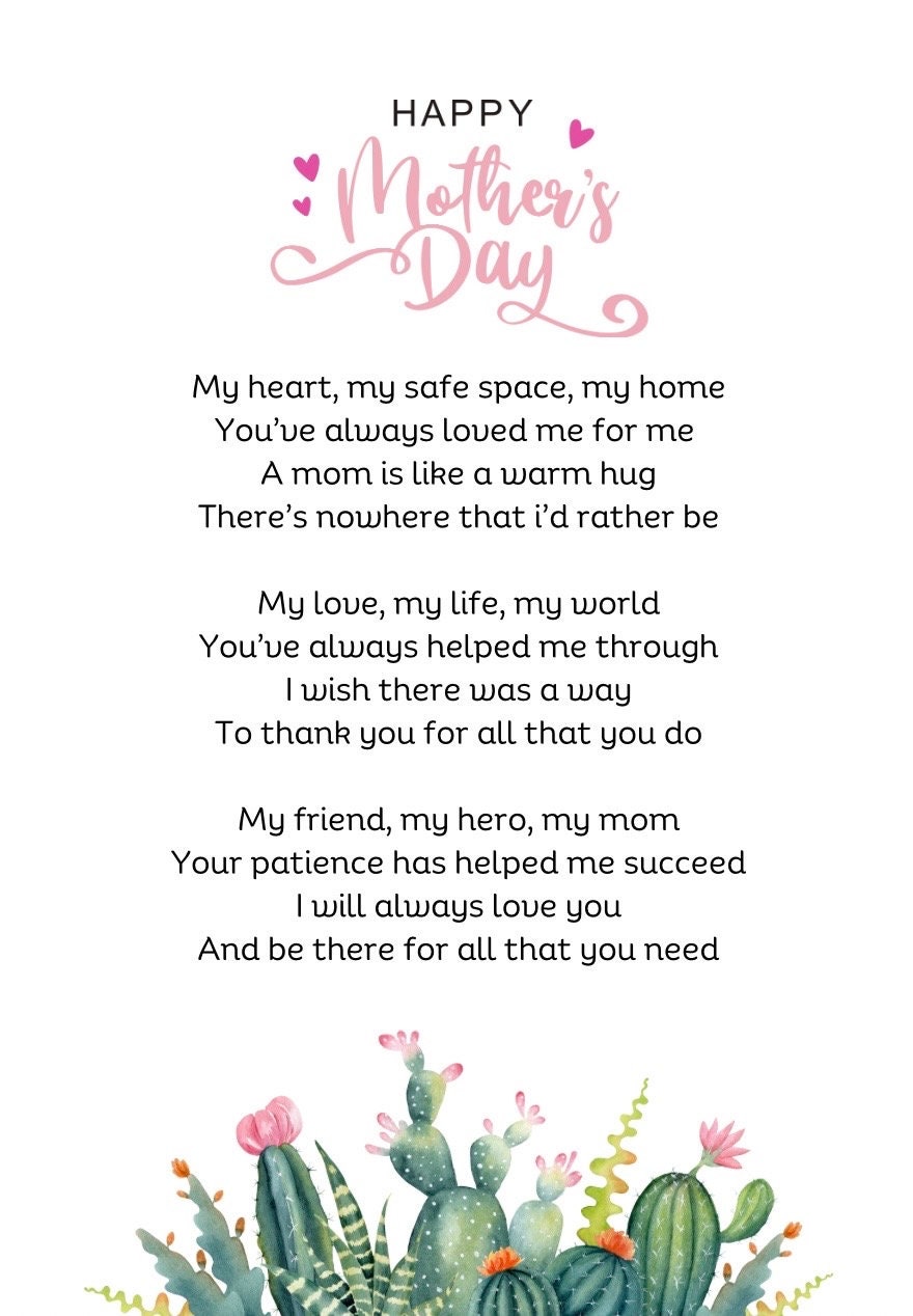 Printable Mothers Day Poem, Floral Greeting Card for Mom, Digital ...