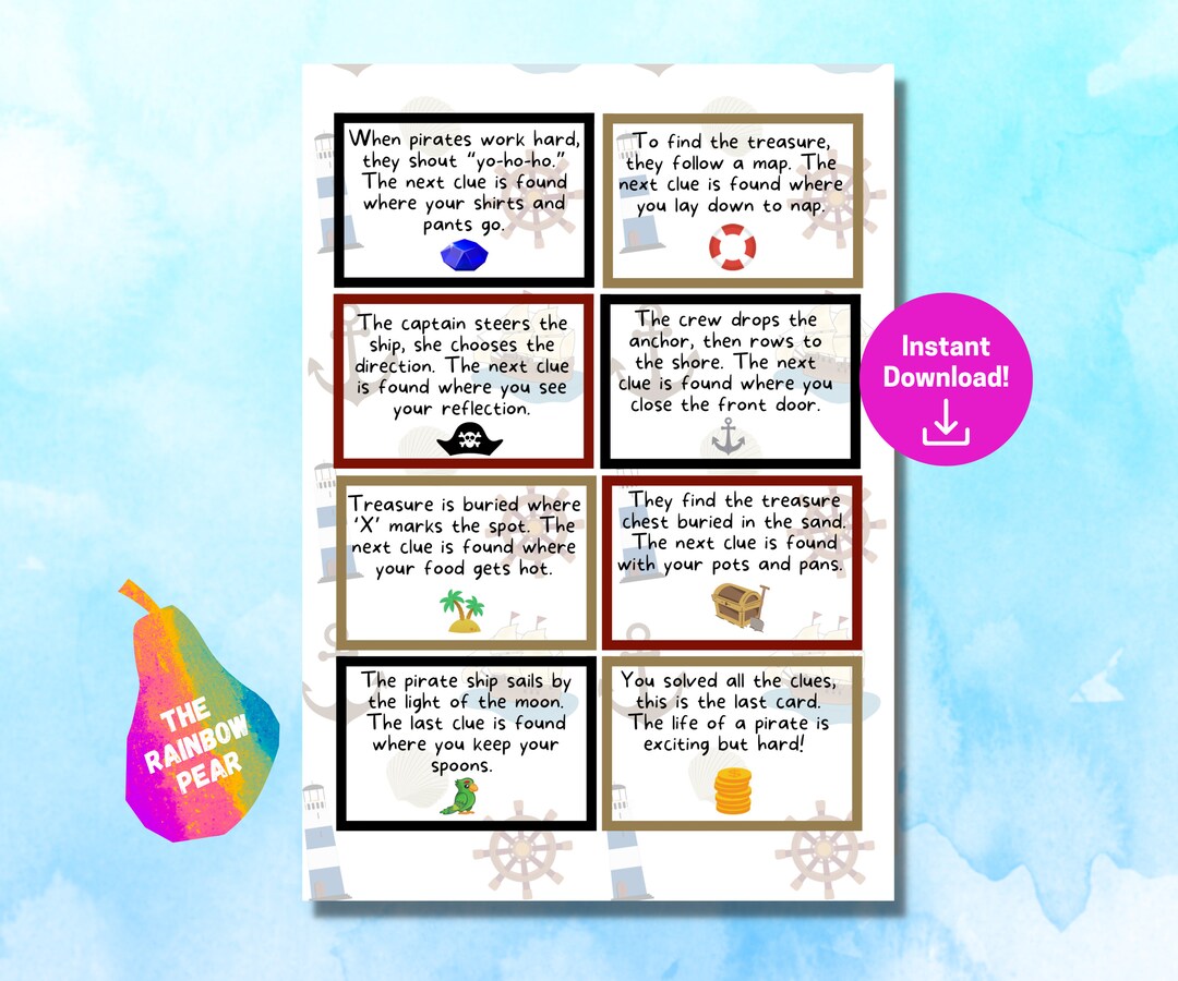 Pirate Treasure Hunt Cards, Activities for Kids, Scavenger Hunt ...