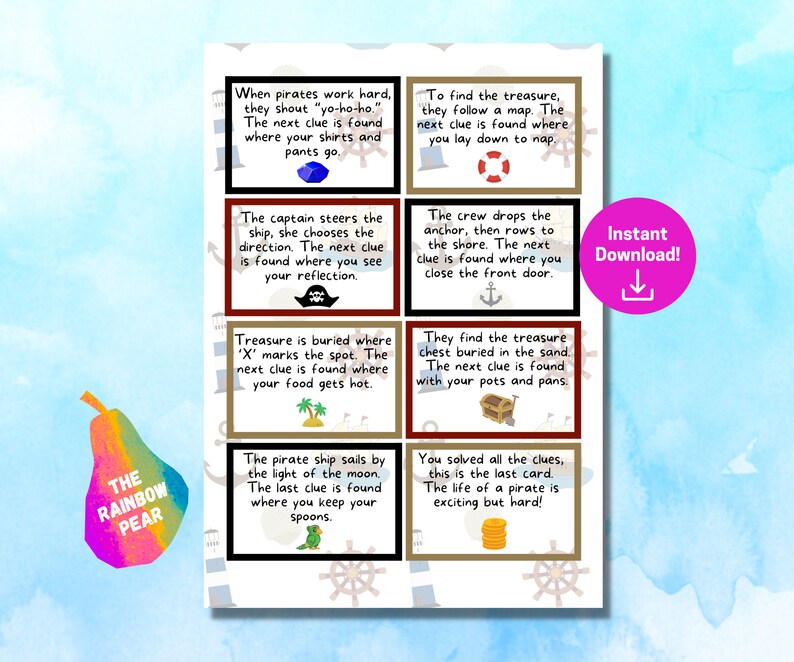 Pirate Treasure Hunt Cards, Activities for Kids, Scavenger Hunt ...