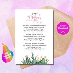 Printable Mothers Day Poem, Floral Greeting Card for Mom, Digital ...
