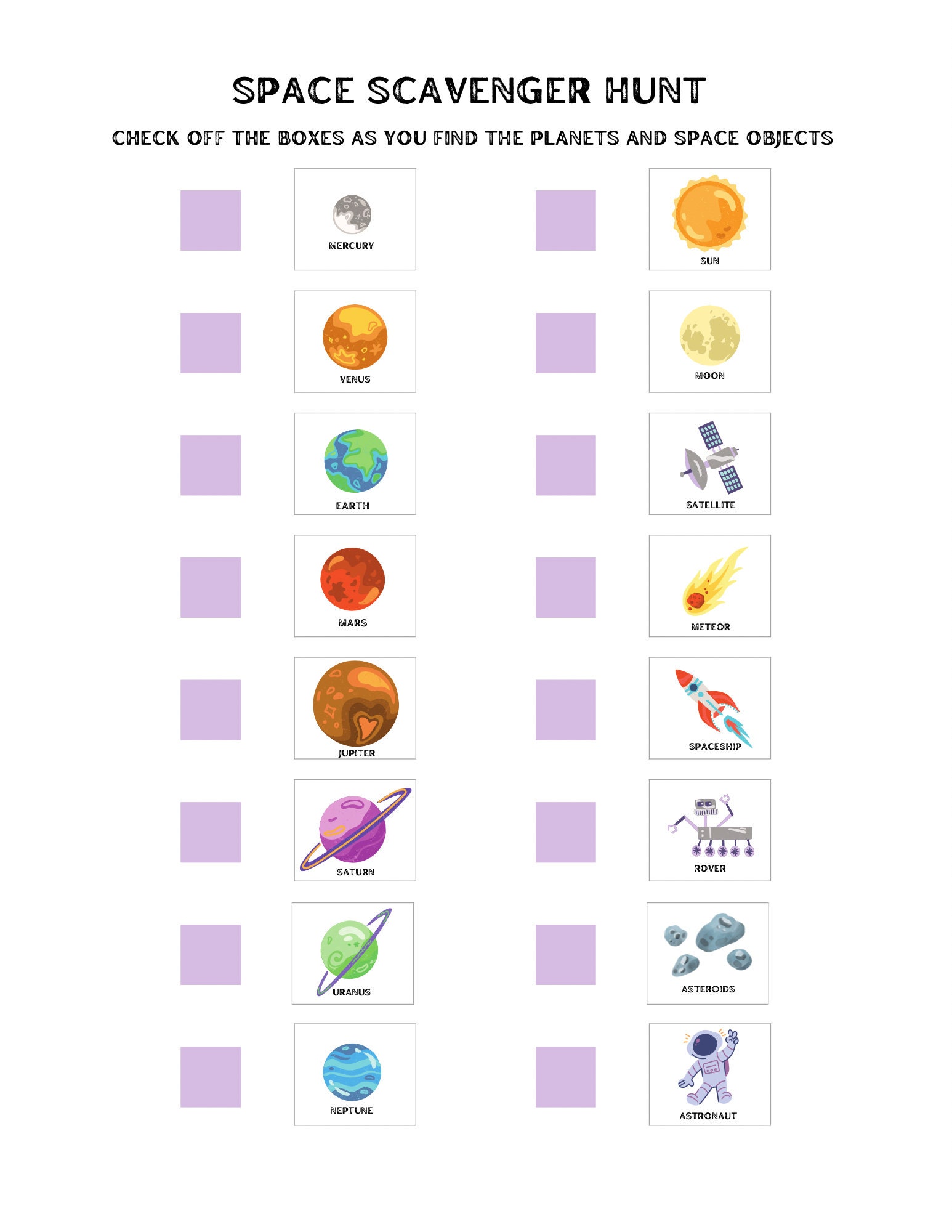 Space Scavenger Hunt for Kids, Printable Game, Outer Space Theme ...