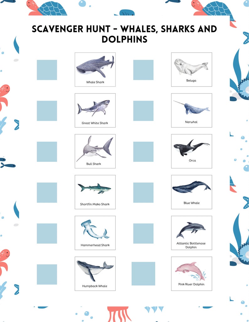 Shark Scavenger Hunt, Whale Scavenger Hunt, Printable Game, Treasure ...