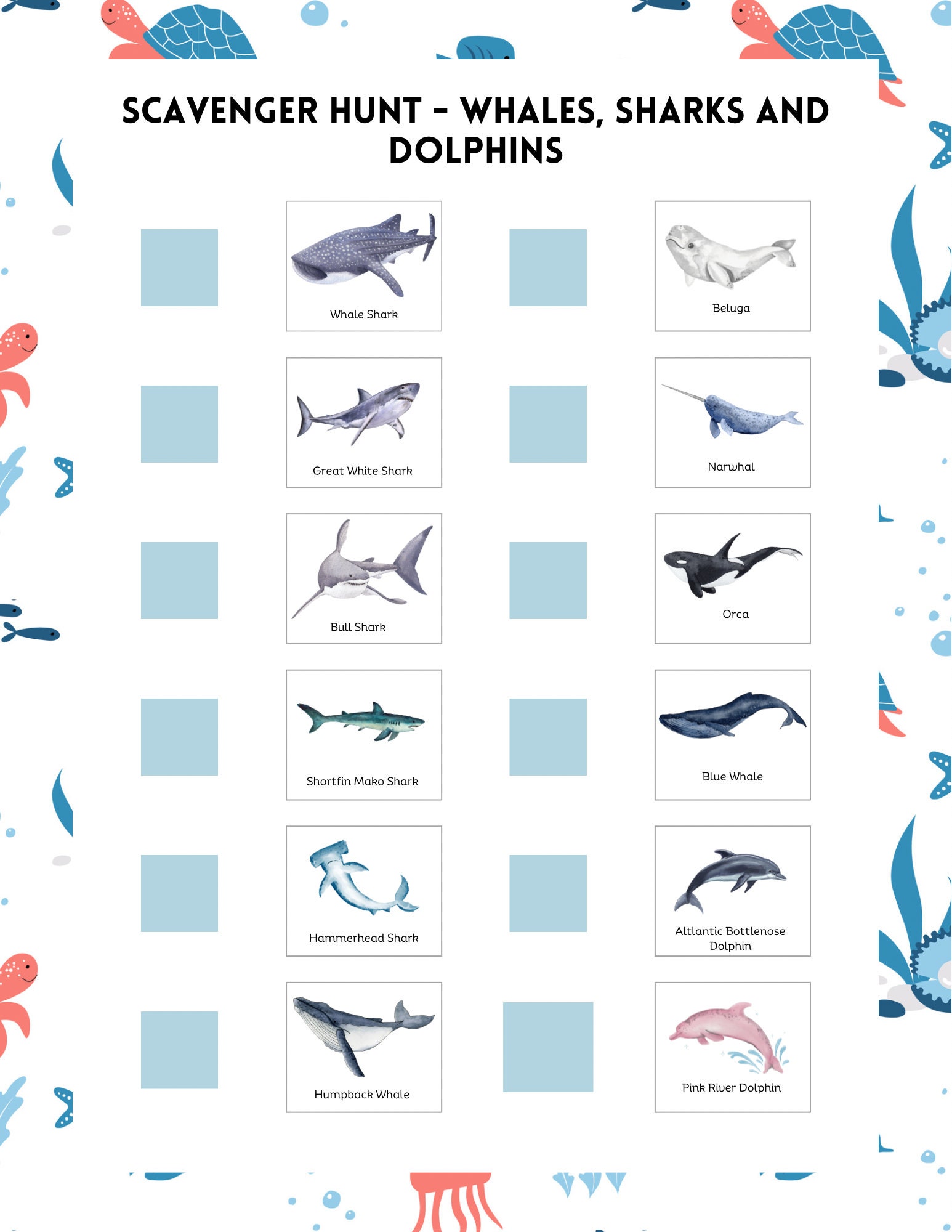 Shark Scavenger Hunt, Whale Scavenger Hunt, Printable Game, Treasure ...