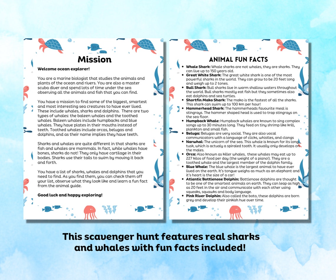 Shark & Whale Scavenger Hunt, Kids Printable Game (PDF) - Etsy