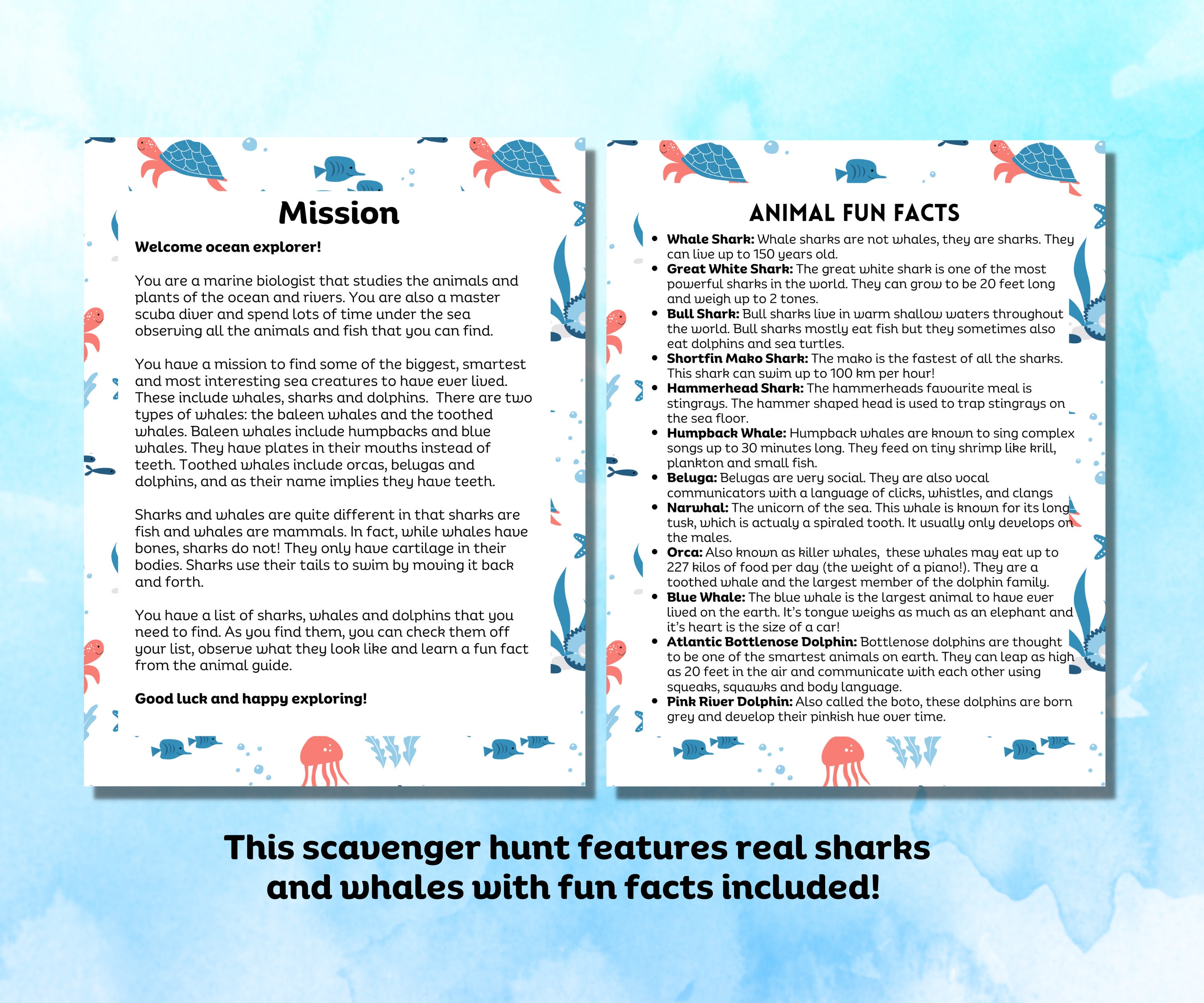 Shark Scavenger Hunt, Whale Scavenger Hunt, Printable Game, Treasure ...