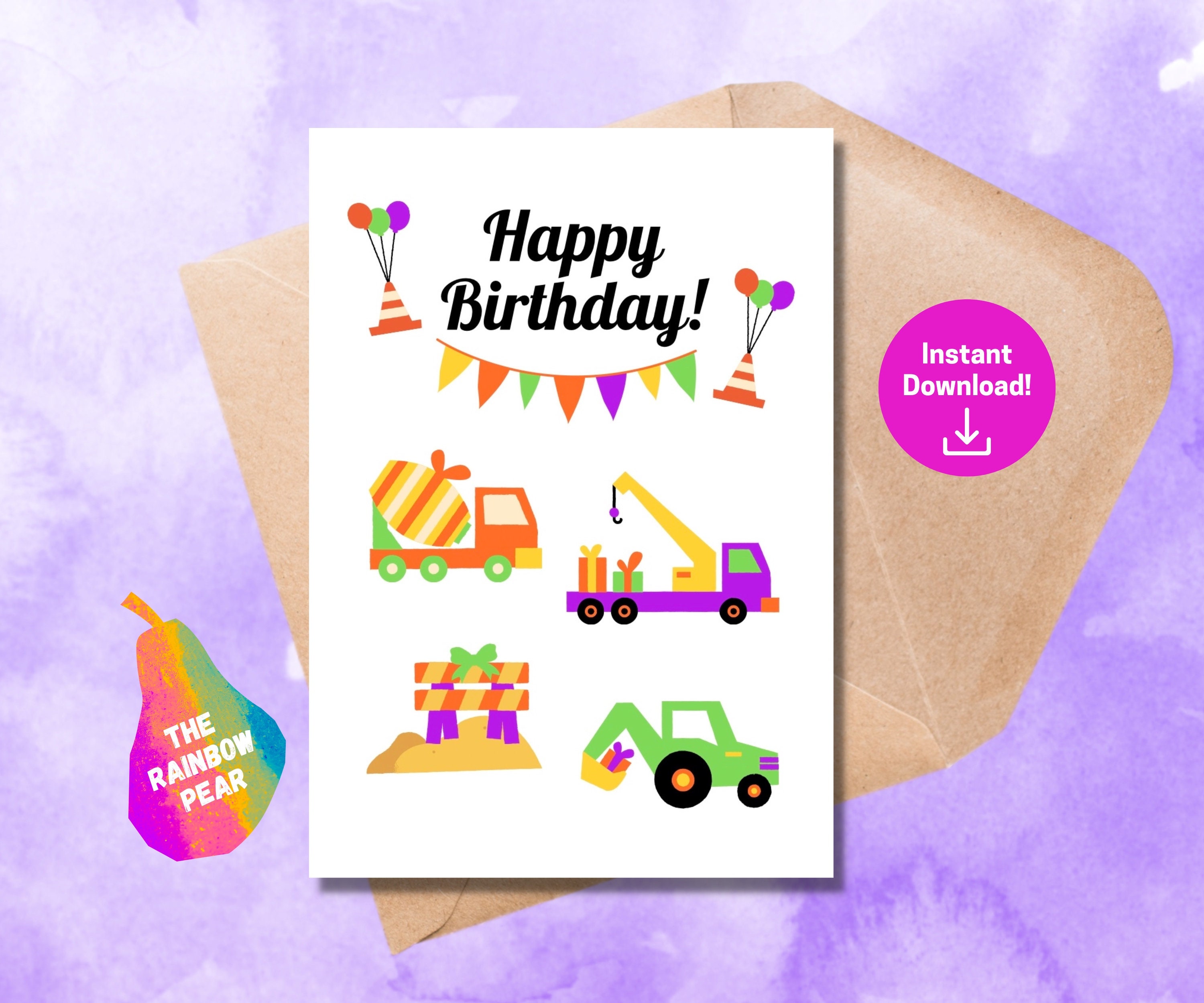 Printable Birthday Card, Construction Birthday Card, Digital Download ...