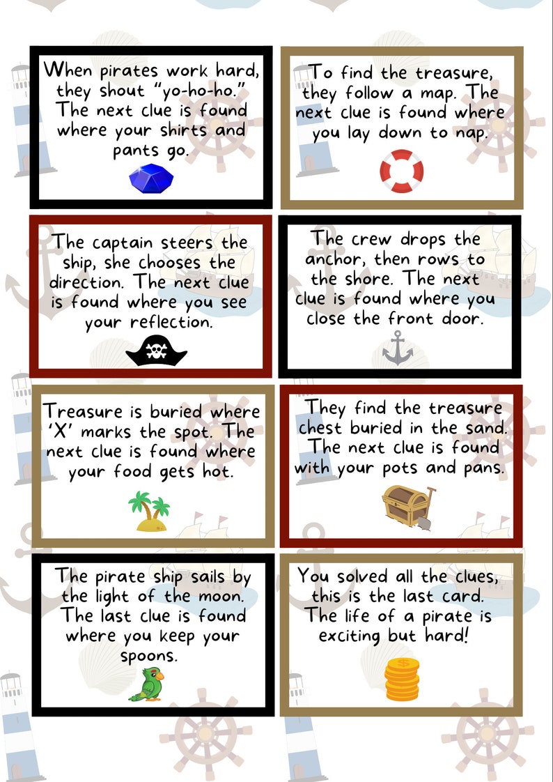 Pirate Treasure Hunt Cards Activities for Kids Scavenger - Etsy