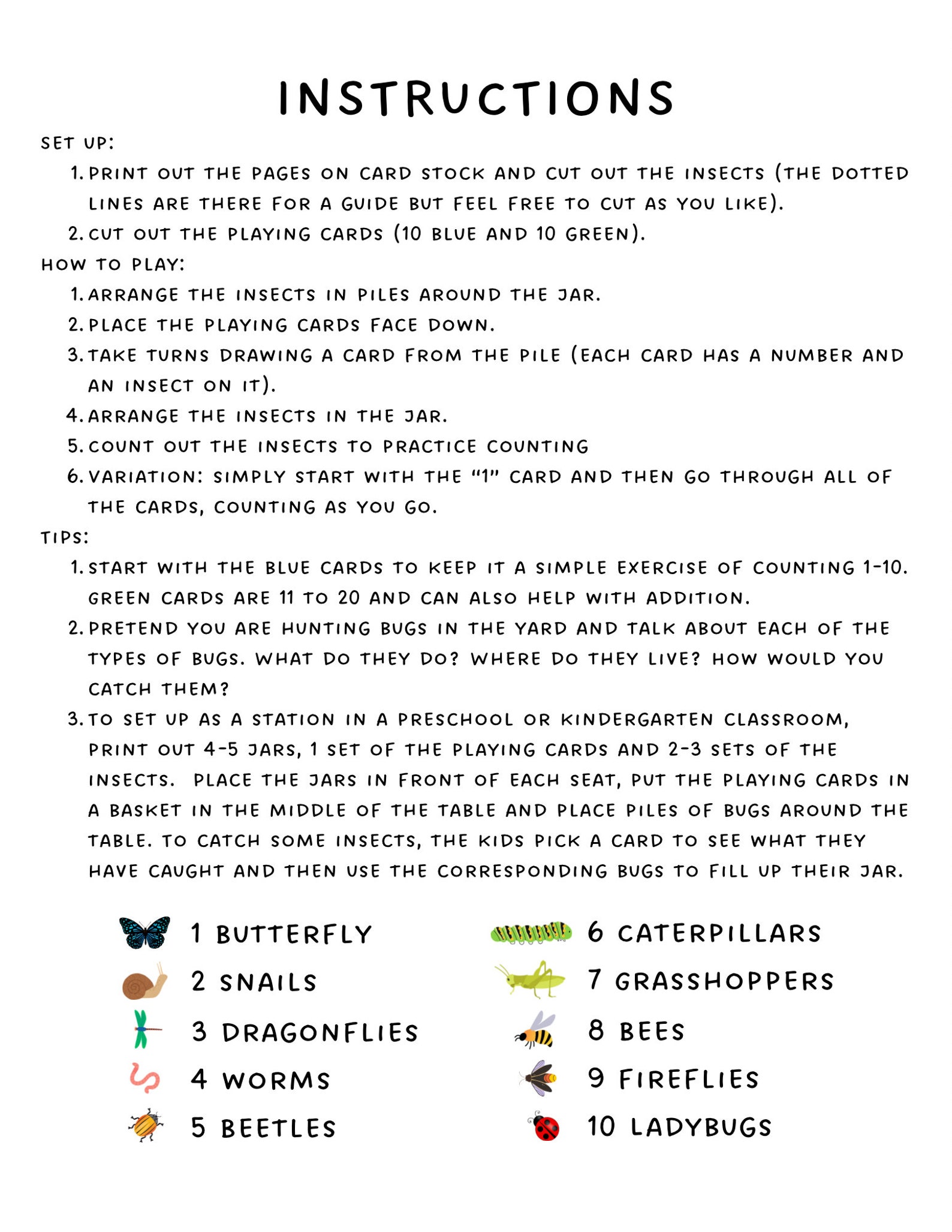 Printable Insect Counting Activity, Bug Catching Game, Digital Download ...