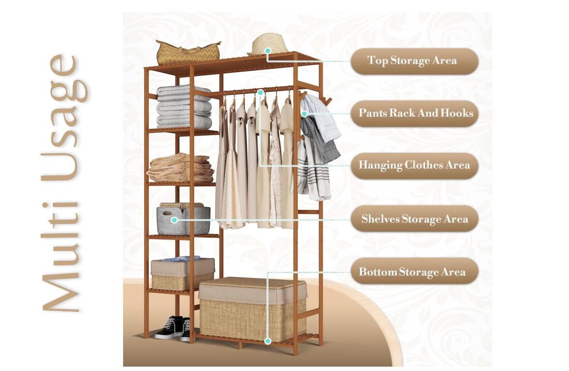 Bamboo Clothes Rack-35 Multi-tier Clothes Rack Storage Shelves With ...