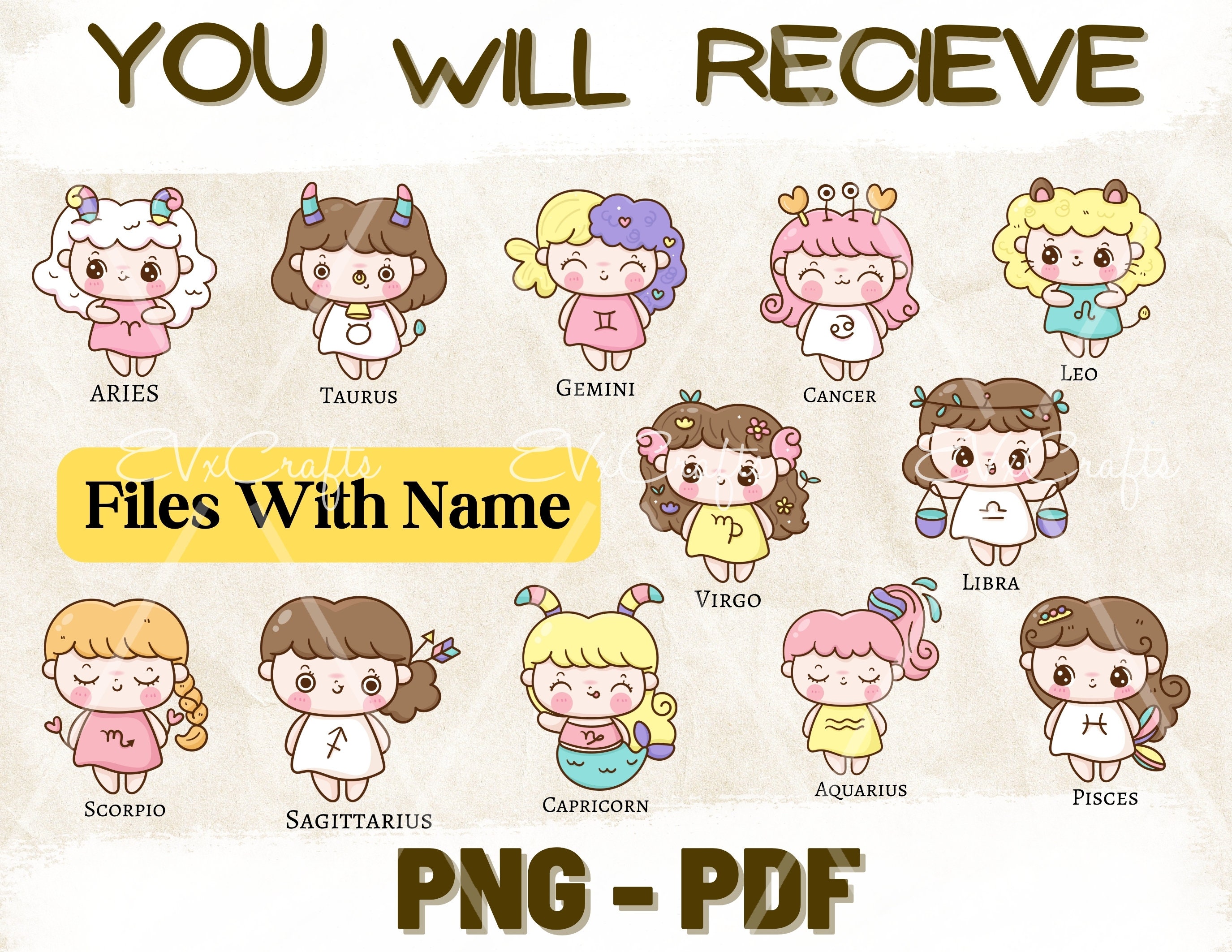 Cute Kawaii Zodiac Sign Zodiac Sign Print Image Digital Files PNG SVG ...
